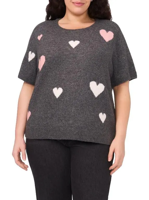 CECE DUPRAZ Heart Print Short Sleeve Sweater - Medium Heather Grey