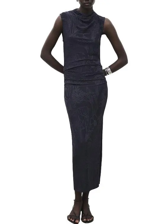 Mango Draped Embroidered Sleeveless Midi Dress - Navy