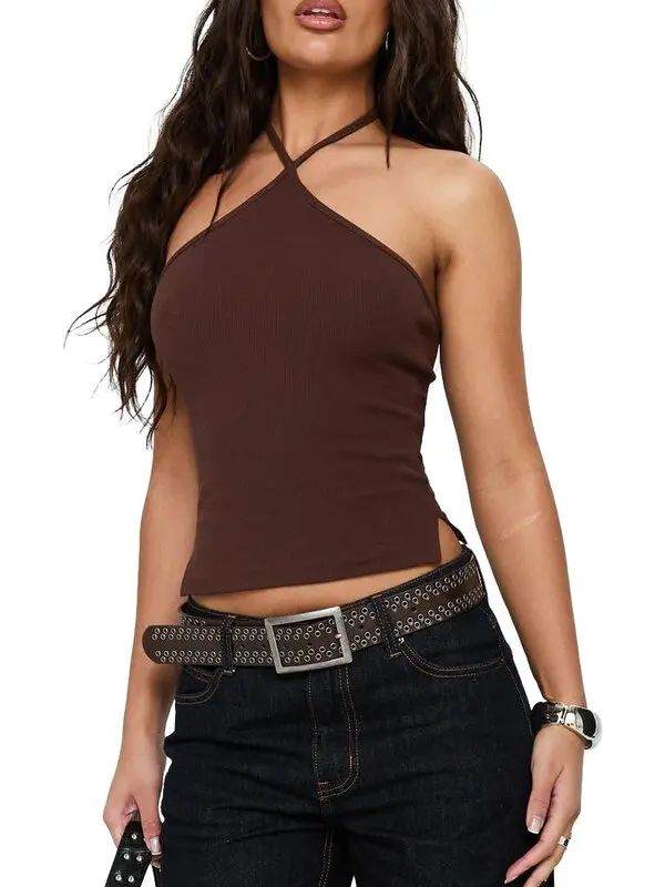 Princess Polly Baseline Rib Halter Top - Chocolate