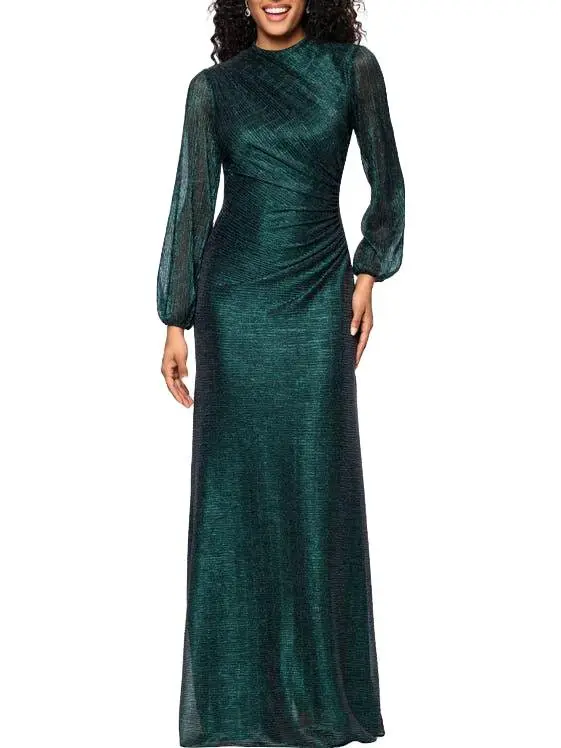 Betsy & Adam Metallic Crinkle Long Sleeve Sheath Gown - Black/emerald