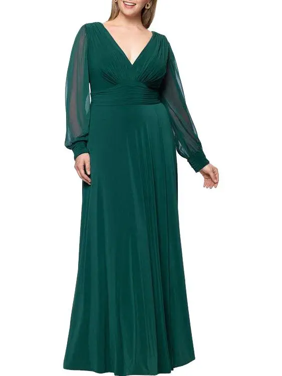 Betsy & Adam V-neck Long Sleeve Chiffon Gown - Forest
