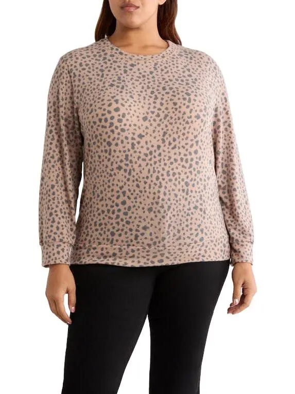 Loveappella Brushed Animal Print Long Sleeve Crewneck Top - Blush/charcoal