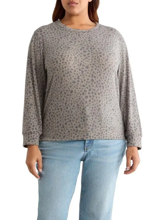Loveappella Brushed Animal Print Long Sleeve Crewneck Top - Olive/charcoal