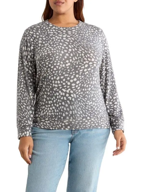 Loveappella Animal Print Long Sleeve Crewneck Top - Charcoal/ivory