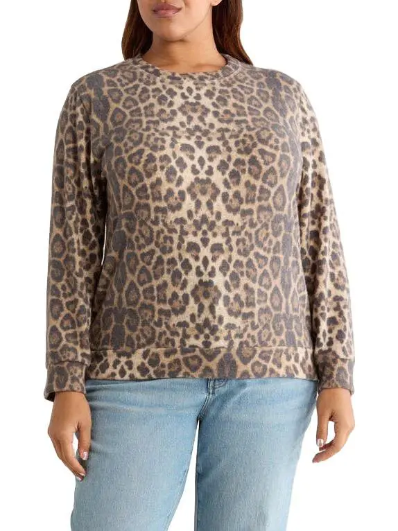 Loveappella Brushed Animal Print Crewneck Top - Taupe/brown