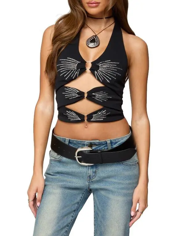 EDIKTED Rhinestone Embellished Cutout Halter Top - Black