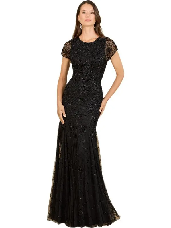 LARA NEW YORK Beaded Mermaid Cap Sleeve Gown - Black