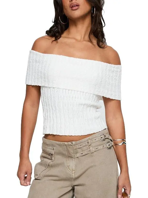 Princess Polly Murmur Foldover Off The Shoulder Rib Top - White