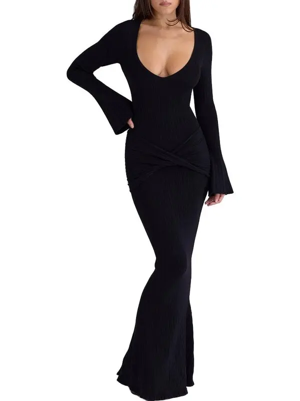 House Of Cb Mila Long Sleeve Ribbed Maxi Dress - Black