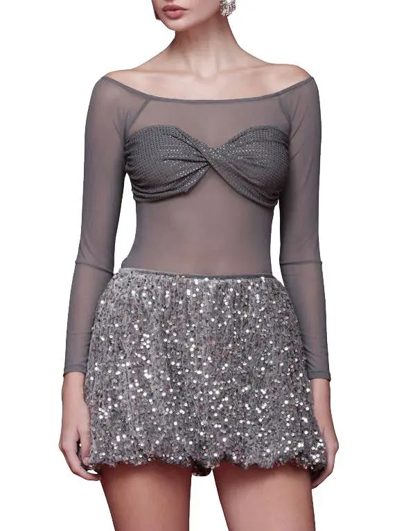 Avec Les Filles Crystal Accented Mesh Top - Grey