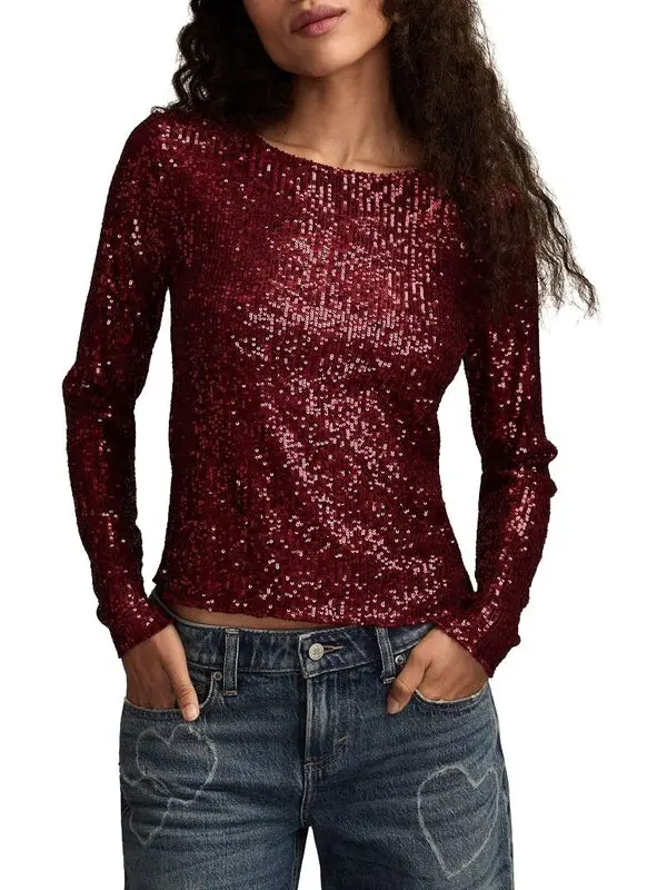 Lucky Brand Sequin Long-sleeve Top - Red Wine