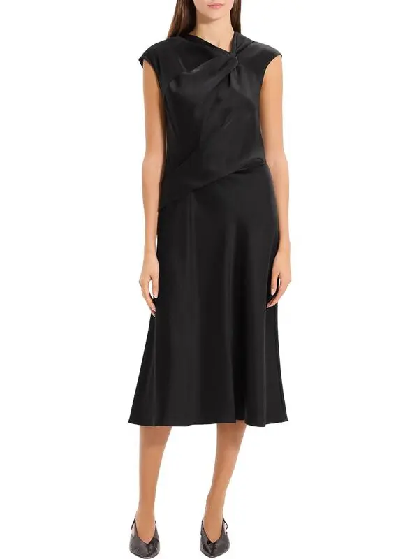 Theory Satin Midi Dress With Twist Bodice - Black