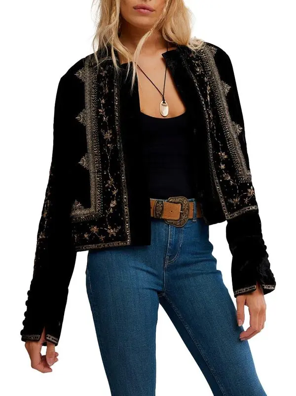 Free People Maxxie Bead Detail Velvet Jacket - Black