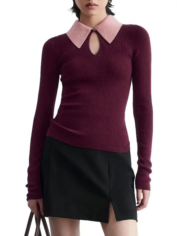 & Other Stories Keyhole Collar Ribbed Sweater - Red Dark