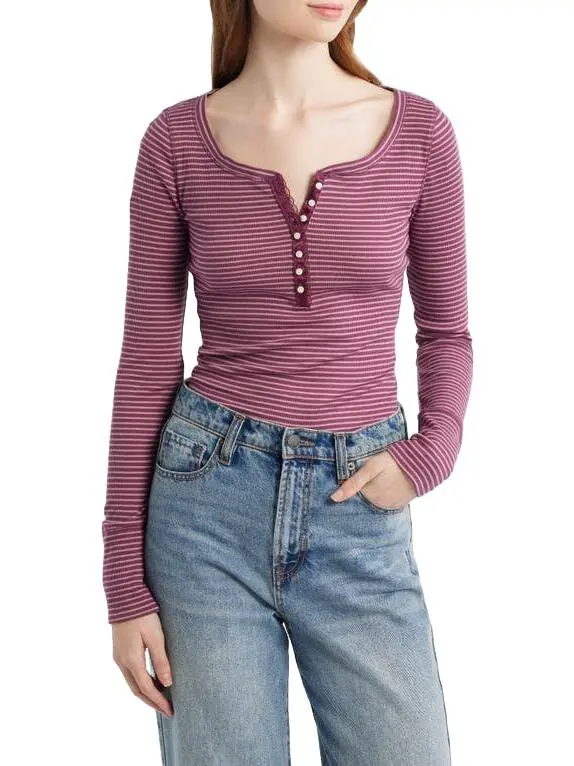 Lucky Brand Lace Trim Henley - Burgundy Stripe