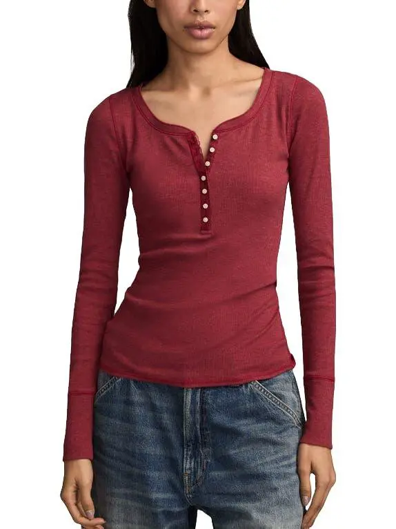 Lucky Brand Lace Trim Henley - Red Dahlia