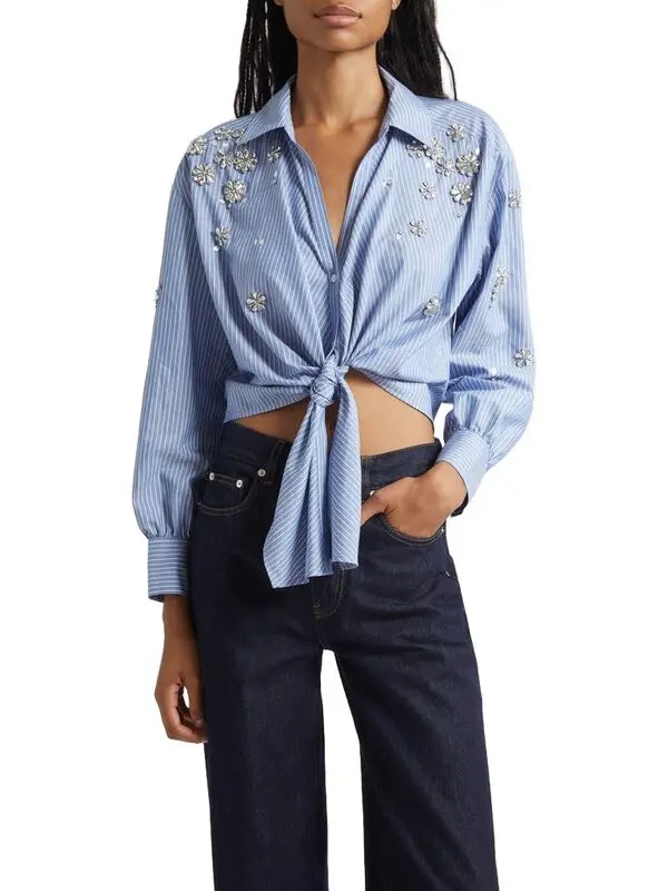 Cinq À Sept Lola Rhinestone Embellished Tie Front Shirt - Blue Multi