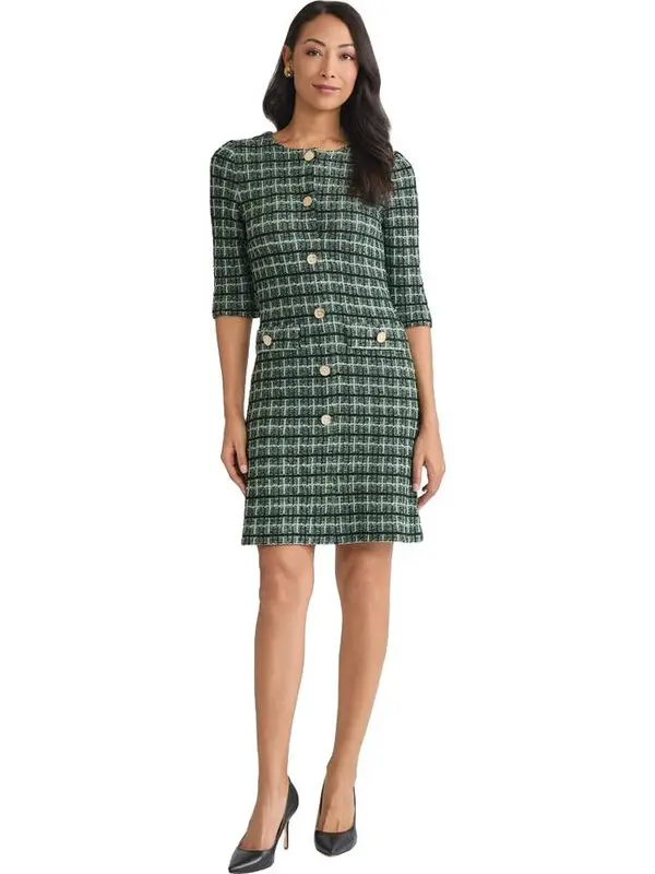 Misook Plaid Multi-stitch Knit Sheath Dress - Dark Ivy/agave/black