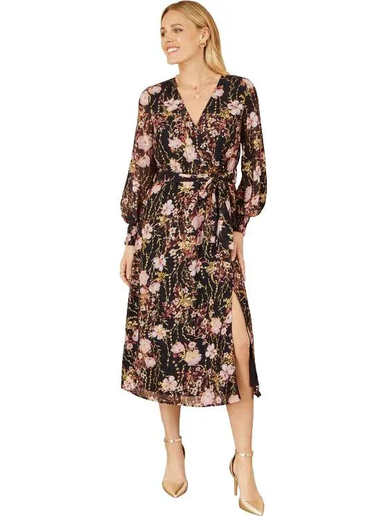 YUMI Floral Print Wrap Midi Dress - Black