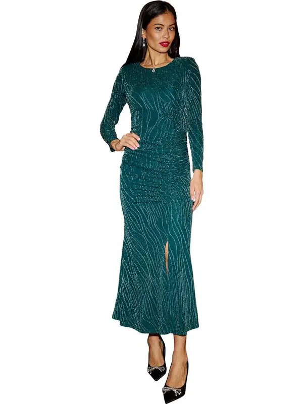 YUMI Mesh Fitted Ruched Midi Dress - Green