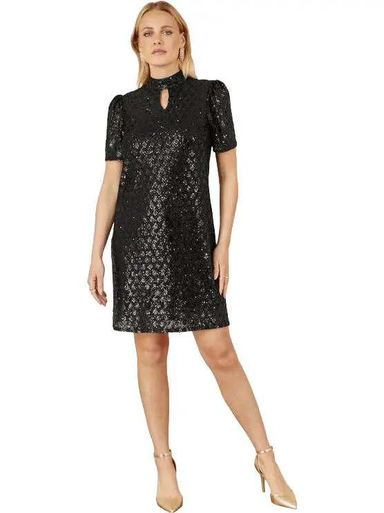 YUMI Sequin Chevron Pattern Tunic Dress - Black