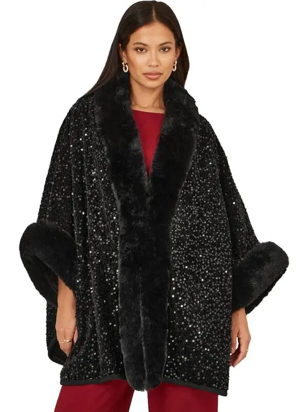YUMI Textured Faux Fur Lined Cape - Black