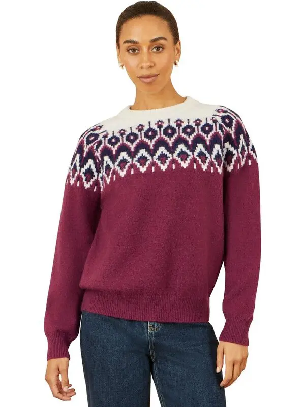 YUMI Fair Isle Relaxed-fit Knitted Sweater - Burgundy