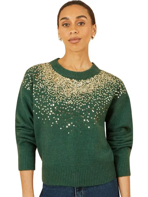 YUMI Relaxed Fit Knit Sequin Sweater - Green
