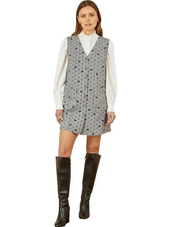 YUMI Bow Print Button Up Pinafore Dress - Grey