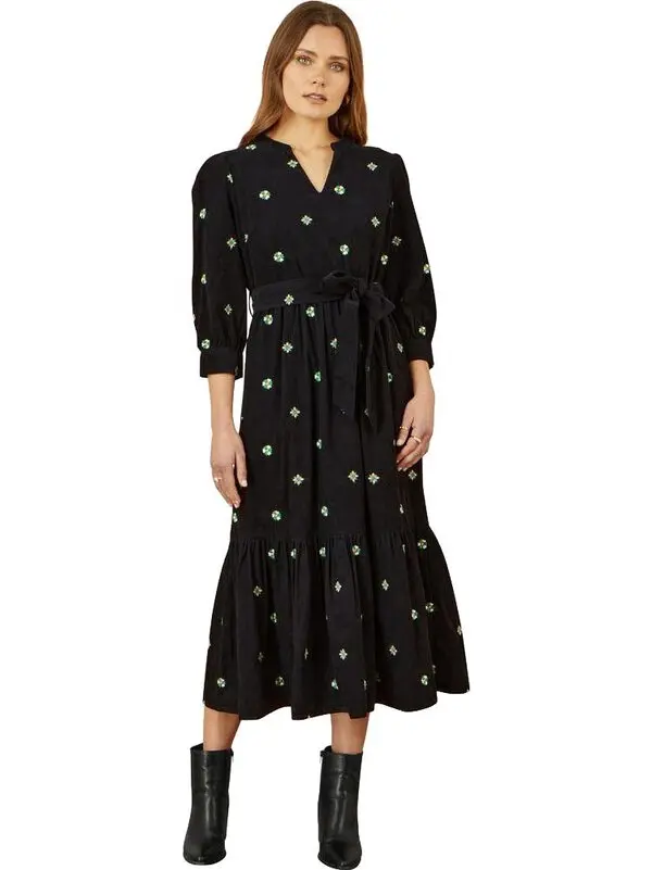YUMI Flower Embroidery Midi Cord Dress - Black
