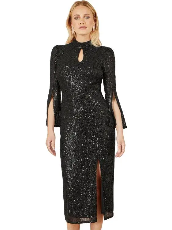 YUMI Sequin Fitted Midi Dress - Black