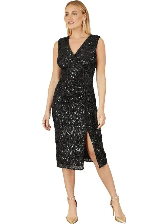 YUMI Sequin Split Hem Fitted Wrap Midi Dress - Black