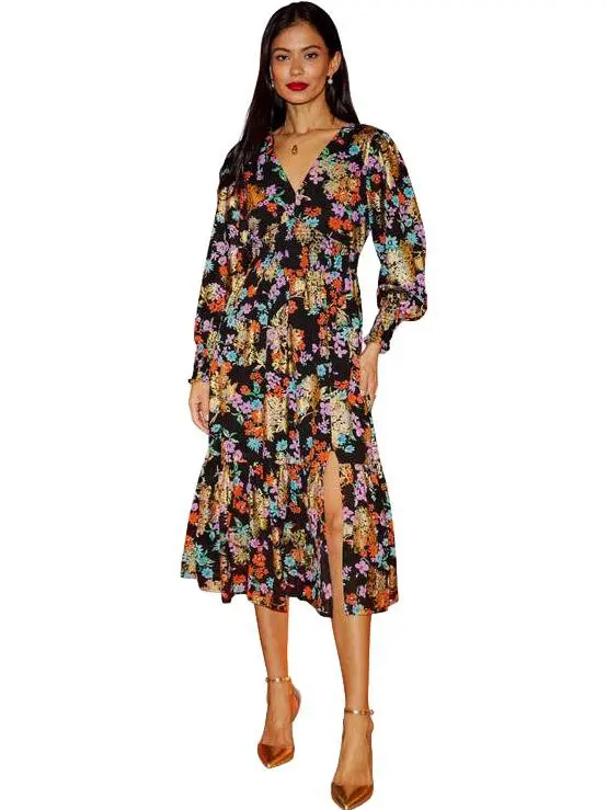 YUMI Floral And Foil Ruched Midi Dress - Black