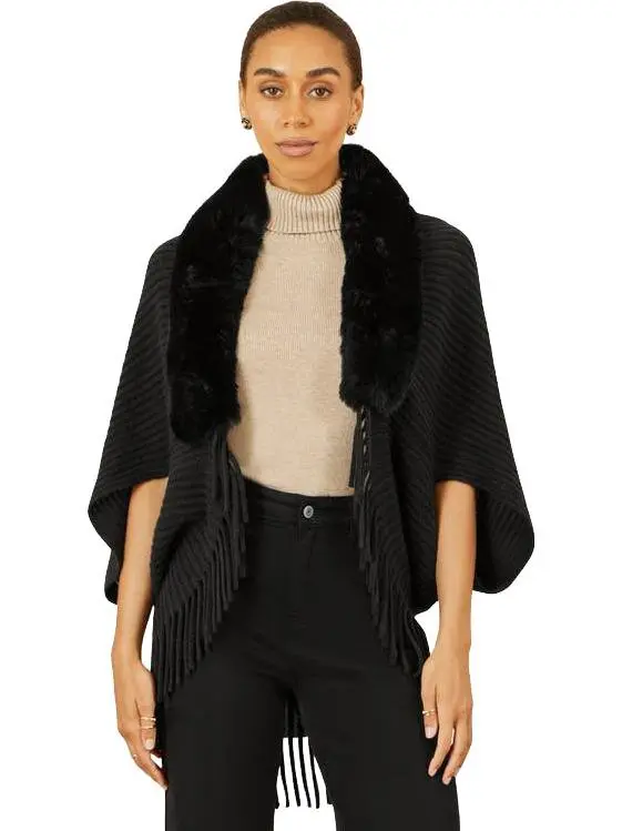 YUMI Faux Fur Collar Tassel Hem Shrug - Black