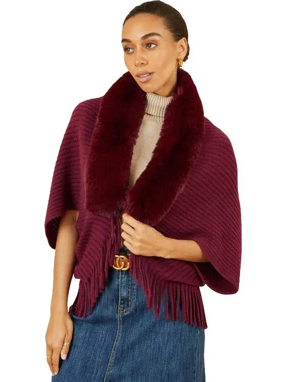 YUMI Faux Fur Collar Tassel Hem Shrug - Burgundy