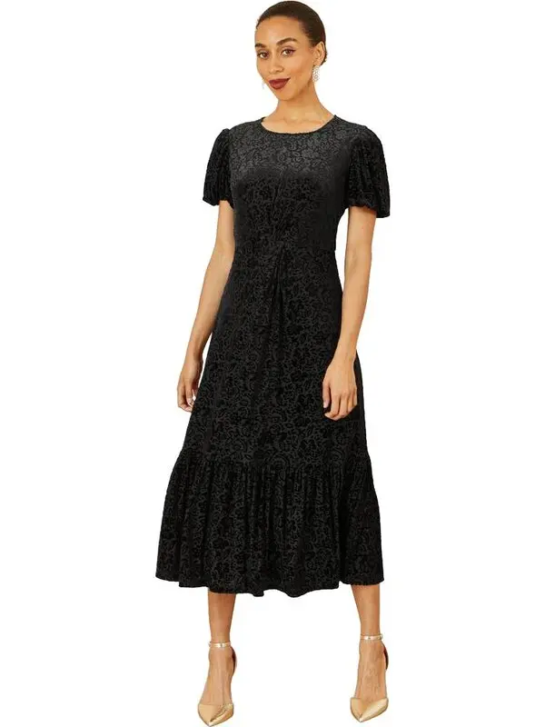YUMI Velvet Twist Waist Midi Dress - Black