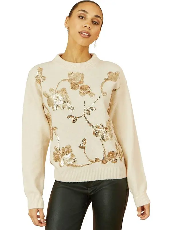 YUMI Relaxed Fit Floral Sequin Sweater - Oatmeal