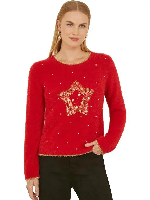 YUMI Fluffy Star Holiday Sweater - Red
