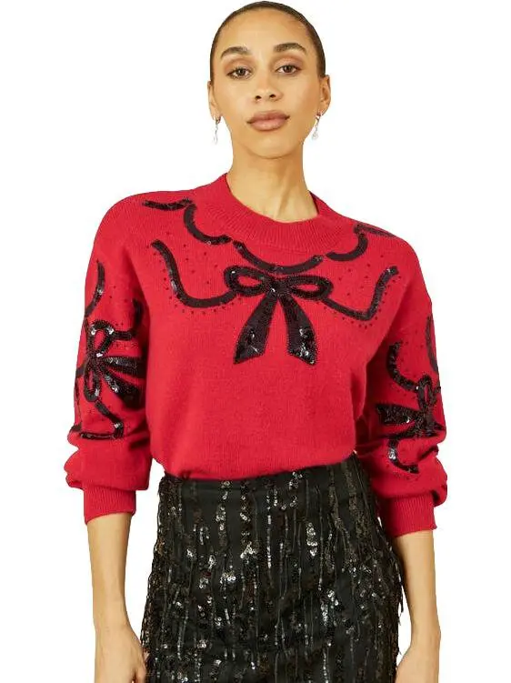 YUMI Sequinned Bow Neckline Sweater - Red