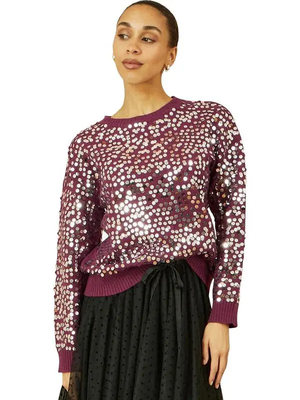 YUMI Sequin Relaxed Fit Sweater - Burgundy