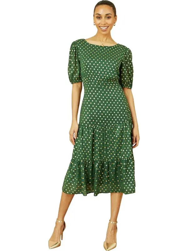 YUMI Foil Spot Tiered Midi Dress - Green