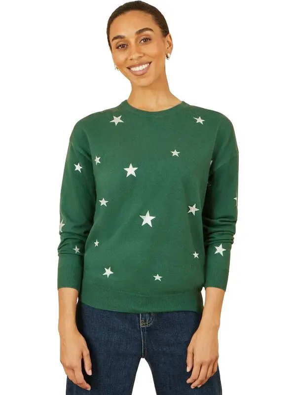 YUMI Foil Star Print Relaxed Fit Sweater - Green