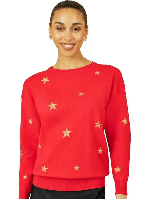 YUMI Foil Star Print Relaxed Fit Sweater - Red