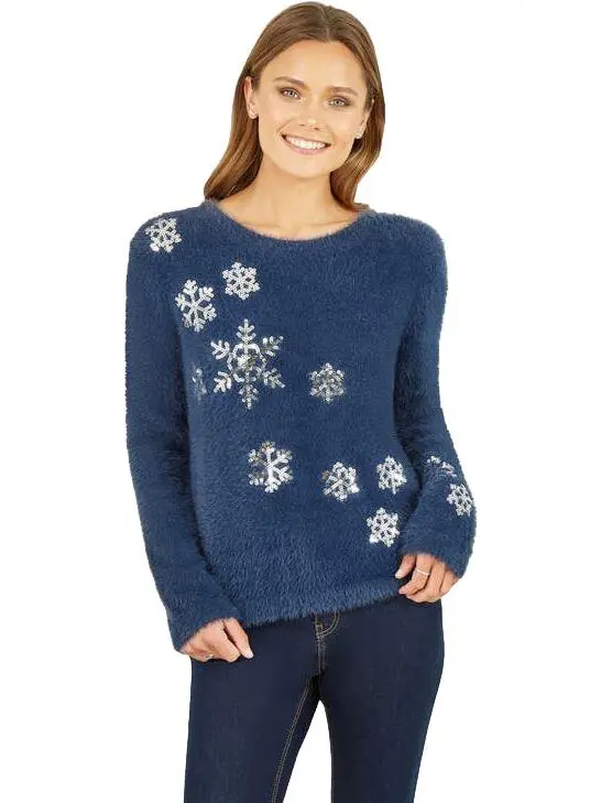 YUMI Sequin Snowflake Sweater - Navy