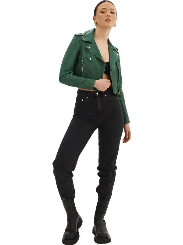 LAMARQUE Ciara Cropped Leather Biker Jacket - Bottle Green