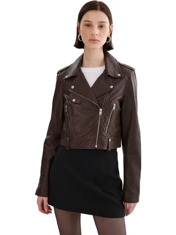 LAMARQUE Ciara Cropped Leather Biker Jacket - Dark Brown