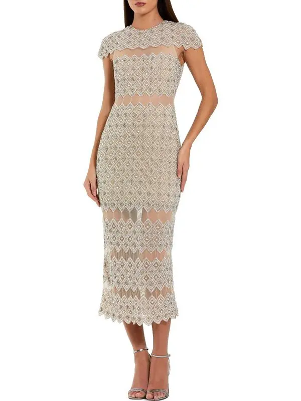 Mac Duggal Beaded Mesh Fitted Midi Dress - Ivory Nude