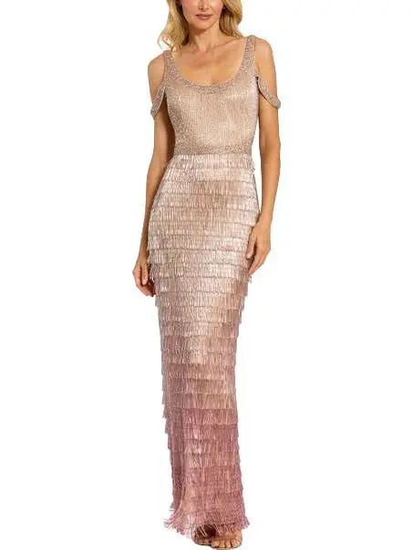 Mac Duggal Embellished Fringe Gown - Pink Ombre