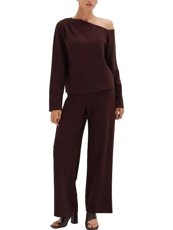 CRESCENT One-shoulder Top And Flowy Pants Set - Espresso