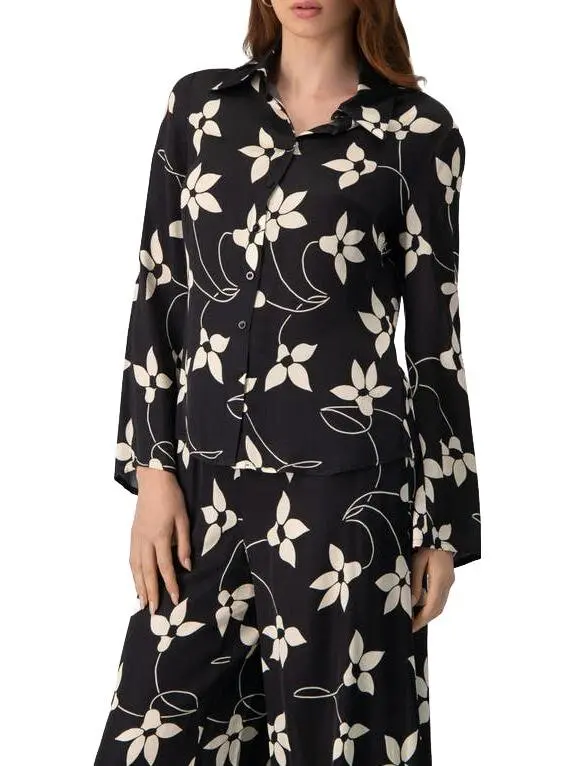 IVONNE Long Sleeve Printed Shirt Blouse - Black